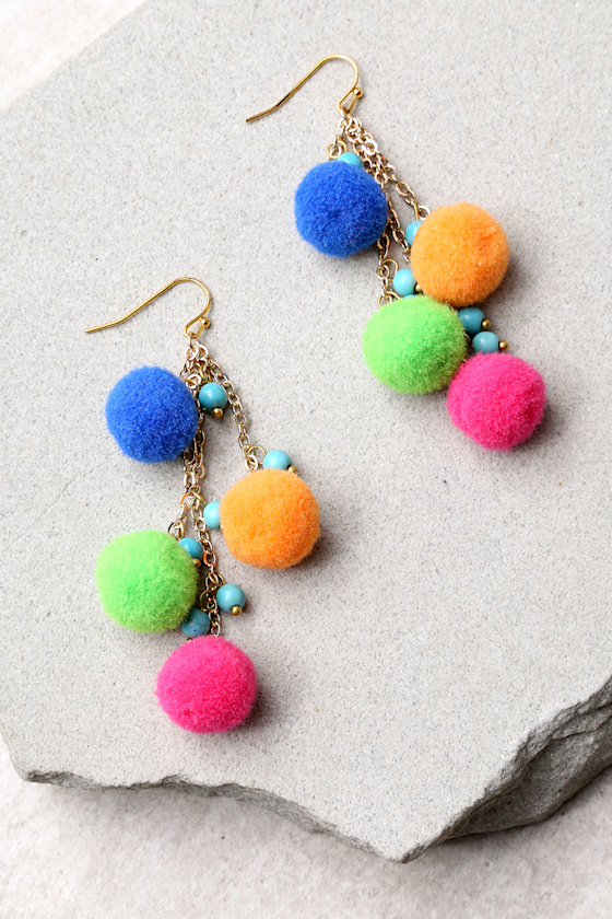 Trendy Pom Pom Earrings - Multi Color Earrings - Lulus