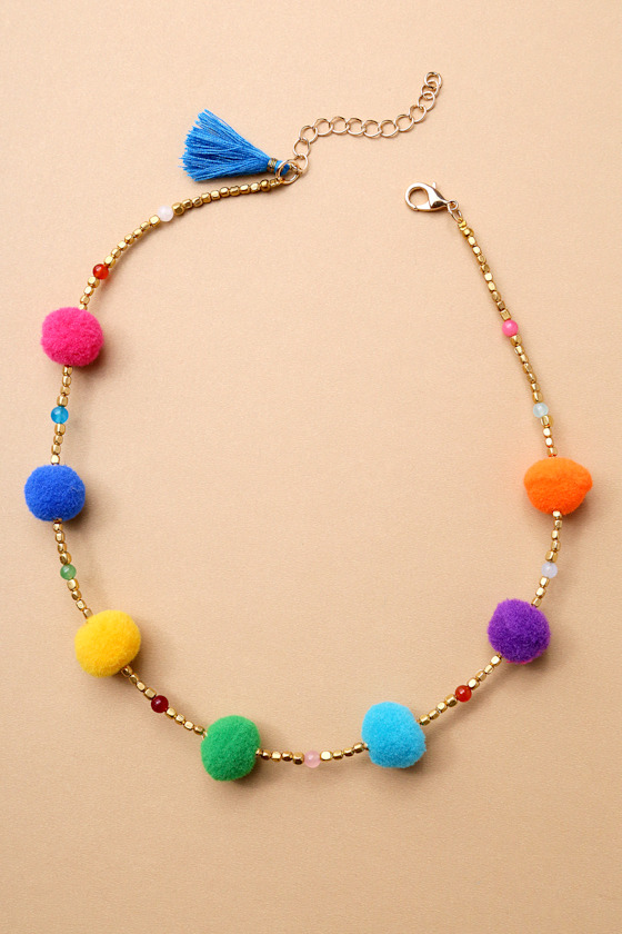Fun Pom Pom Necklace - Gold Beaded Necklace - Bright Colored Necklace ...