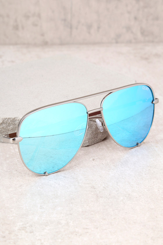 Quay High Key Sunglasses - Silver Aviator Sunglasses - Blue Mirrored ...