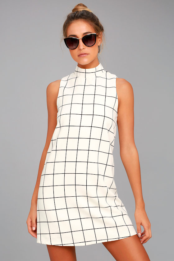 Cool Cream Grid Print Dress - Mock Neck Dress - Sheath Dress - Lulus