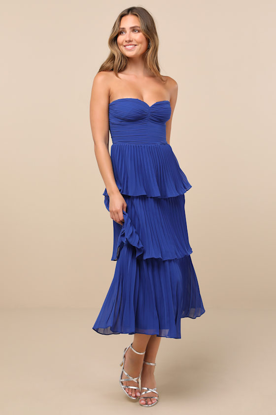 Cobalt Blue Midi Dress - Strapless Dress - Pleated Midi Dress - Lulus