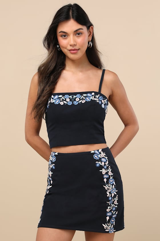 Dark Navy Floral Embroidered Dress - Two-Piece Dress - Mini Dress - Lulus