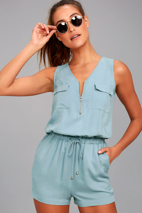 Fun Slate Blue Romper - Sleeveless Romper - Lulus