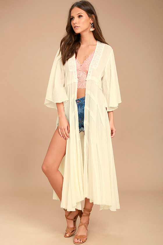 Free People Curved Curved Gauze Duster Cardigan Lace Kimono Top Lulus