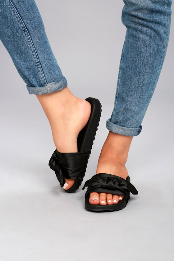 Chic Black Sandals - Slide Sandals - Bow Sandals - Lulus