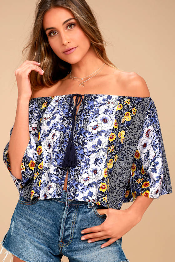 Cute Floral Top - Navy Crop Top - Off-the-Shoulder Top - Lulus