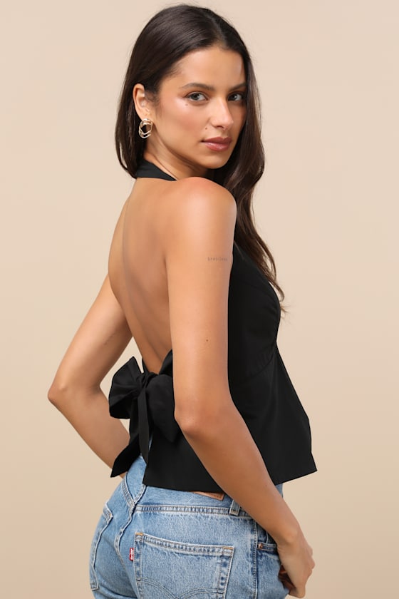 Black Halter Top - Knotted Peplum Halter Top - Tie-Back Bow Top - Lulus
