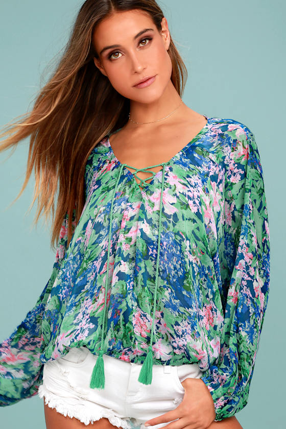 Flirty Top - Floral Top - Long Sleeve Top - Blue Print Top - Lulus
