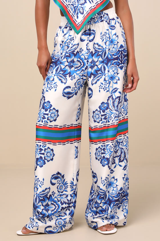 White & Blue Floral Pants - Floral Satin Set - Wide-Leg Pants - Lulus