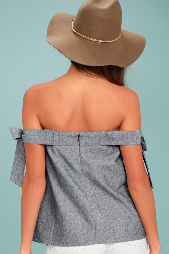 Cute Navy Blue Off-the-Shoulder Top - Tie Sleeve Top