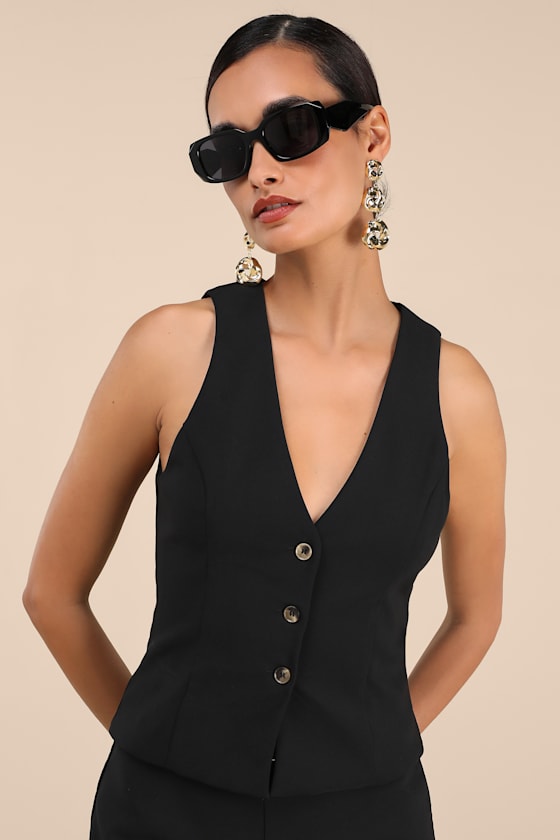 Black Vest Top - Sleeveless Button-Front Top - V-Neck Vest Top - Lulus