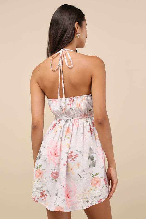 Ivory Floral Dress - Halter Mini Dress - A-Line Halter Dress - Lulus