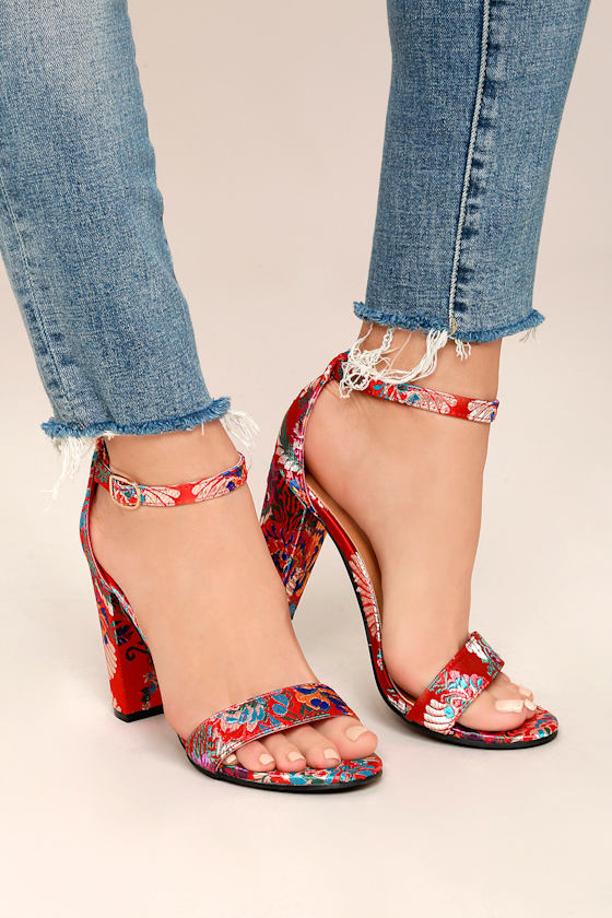 Stunning Red Brocade Heels - Ankle Strap Heels -Floral Heels - Lulus