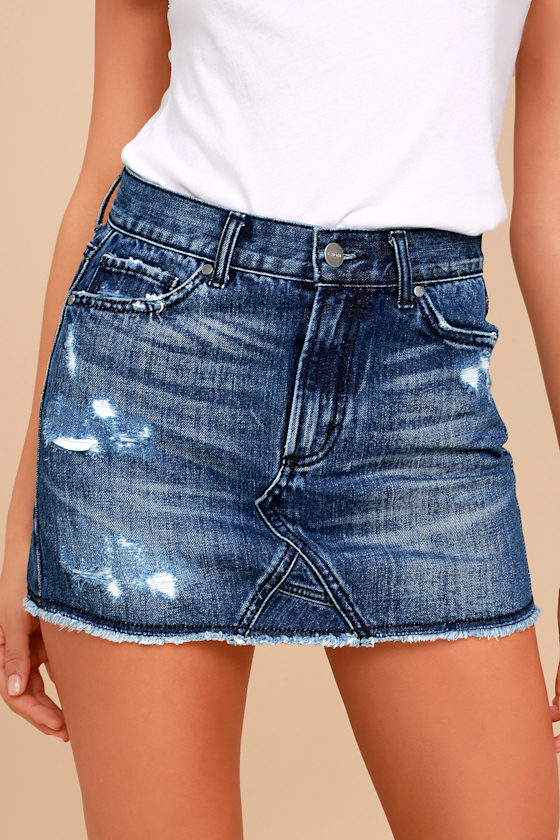EVIDNT Dark Wash Skirt - Distressed Mini Skirt - Denim Skirt