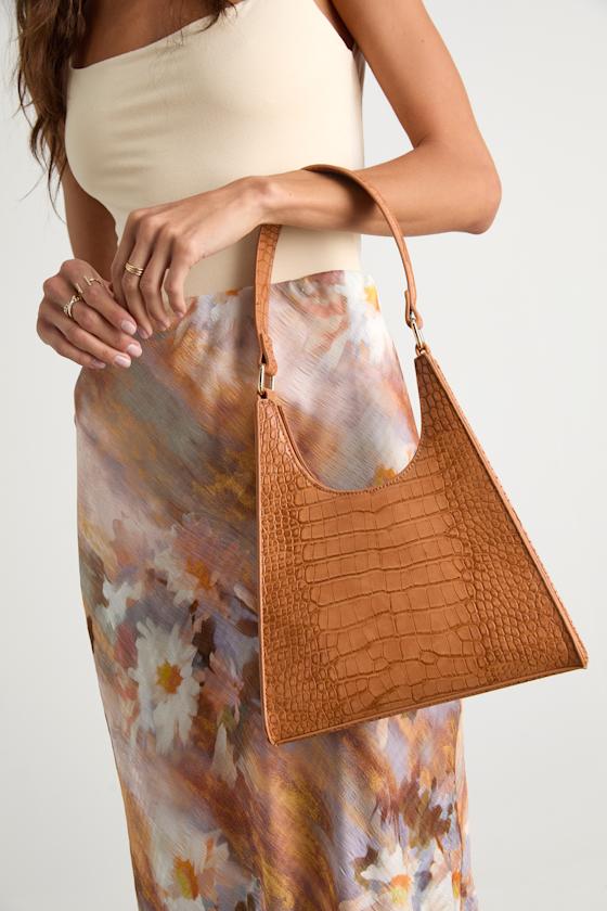 Tan Croc-Embossed Handbag - Structured Shoulder Bag - Handbag - Lulus