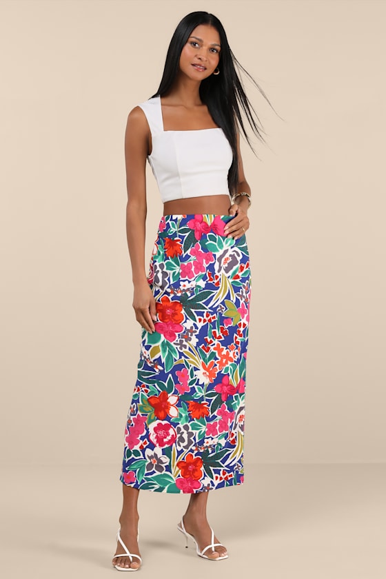 Dark Blue Floral Skirt - High-Rise Skirt - Floral Midi Skirt - Lulus