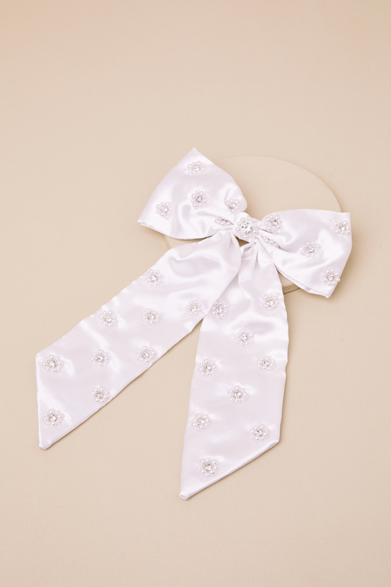 White Satin Bow - Rhinestone Bow - Bow Hair Clip - White Hair Bow - Lulus