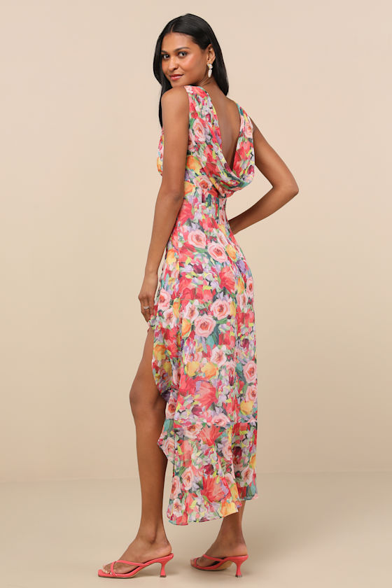 Red Multi Floral Dress - Ruffled Maxi Dress - Cowl Back Dress - Lulus