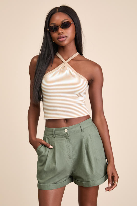 Green Linen Shorts - High-Rise Shorts - Pleated Cuffed Shorts - Lulus