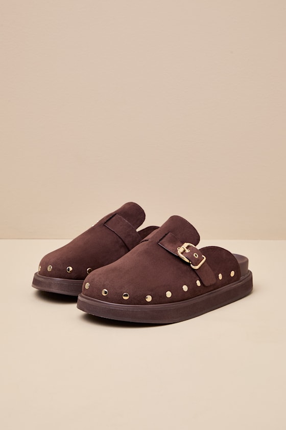 Brown Slide-On Clogs - Faux Suede Mule Slides - Studded Mules - Lulus