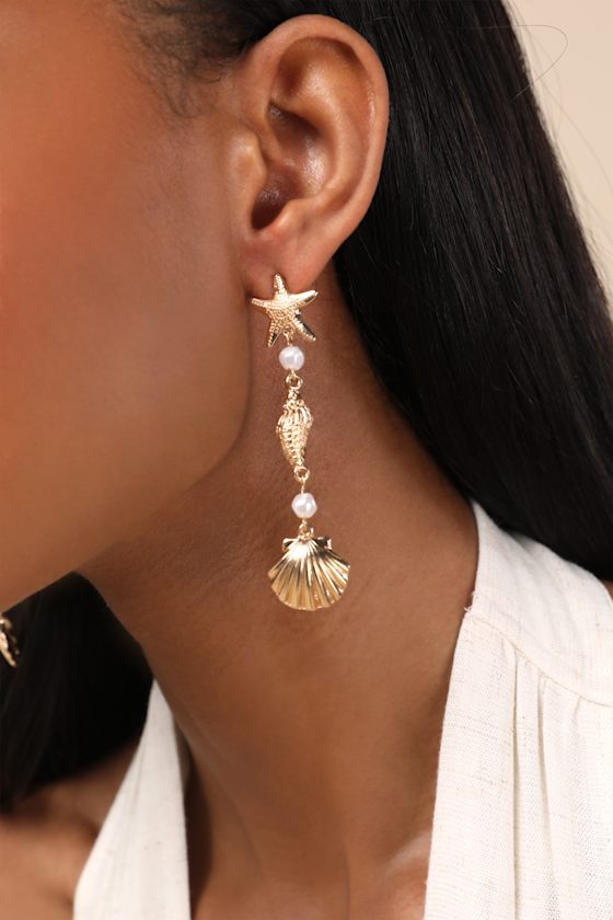 Gold Sealife Earrings - Seashell Earrings - Gold Drop Earrings - Lulus