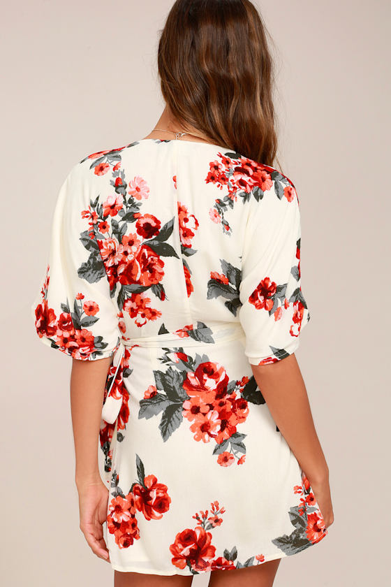 Chic Wrap Dress - Cream Dress - Floral Print Dress