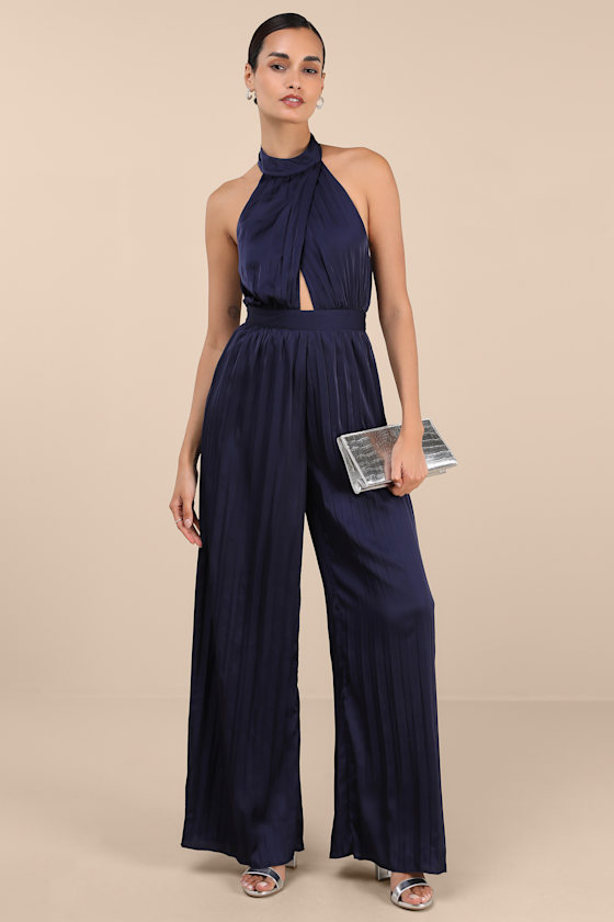 Navy Satin Jumpsuit - Satin Pleated Jumpsuit - Halter Jumpsuit - Lulus