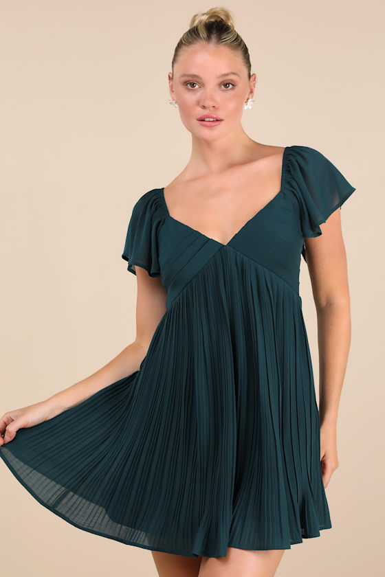 Emerald Mini Dress - Pleated Mini Dress - Flutter Sleeve Dress - Lulus