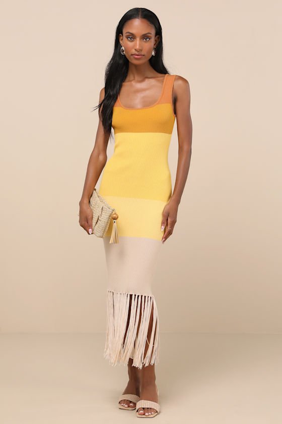 Yellow Color Block Dress - Sweater Midi Dress - Fringe Trim Dress - Lulus