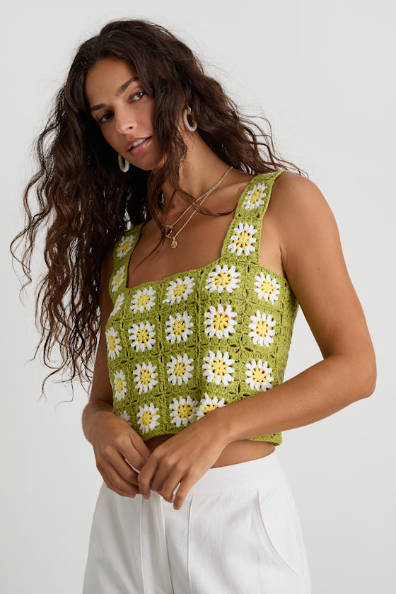 Green & Yellow Top - Crochet Knit Tank Top - Boxy Crop Tank Top - Lulus