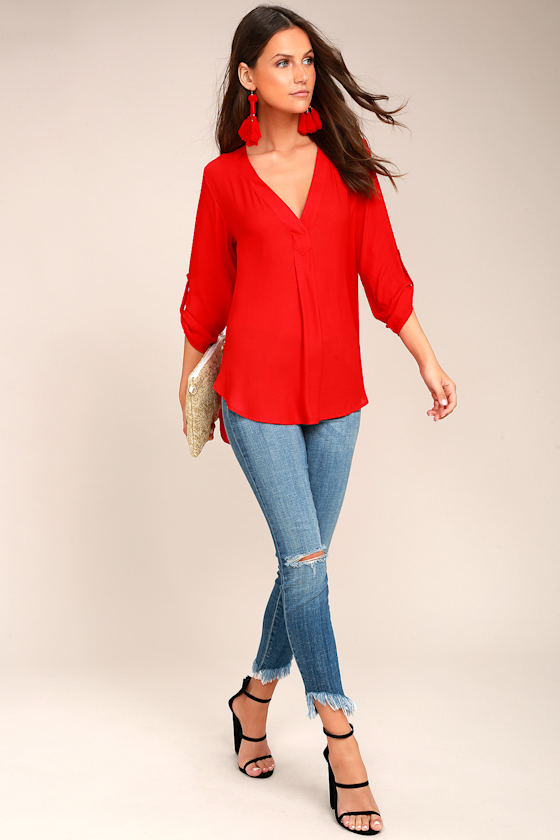 Chic Red Top - Red Blouse - Three-Quarter Sleeve Top - Lulus