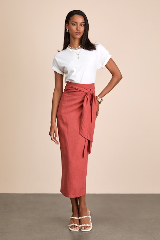 Rust Red Midi Skirt - Midi Wrap Skirt - Linen-Blend Skirt - Lulus