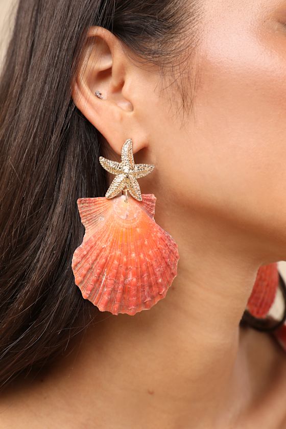 Coral & Gold Seashell Earrings - Statement Earrings - Earrings - Lulus