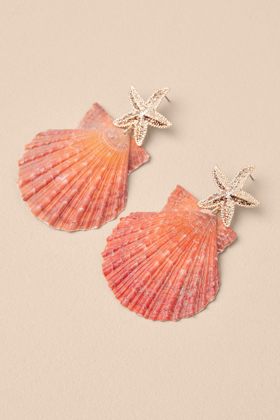 Coral & Gold Seashell Earrings - Statement Earrings - Earrings - Lulus