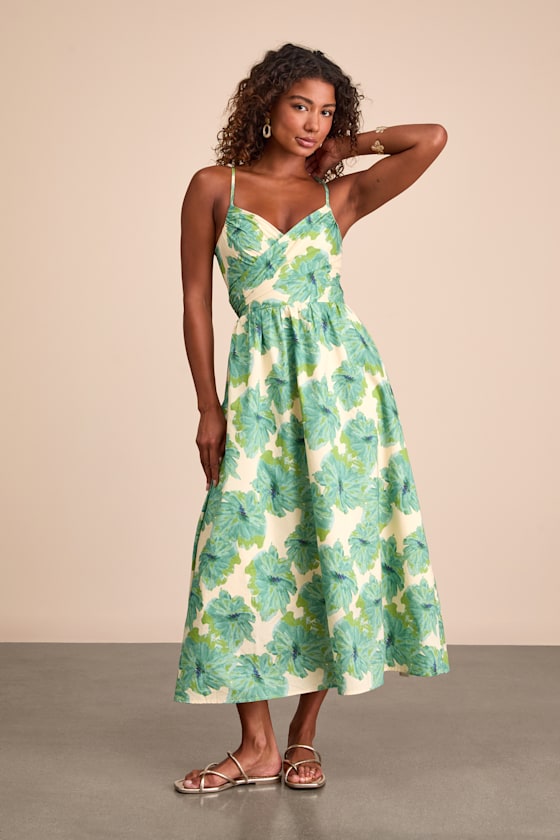 Cream & Green Floral Dress - Lace-Up Midi Dress - Floral Sundress - Lulus