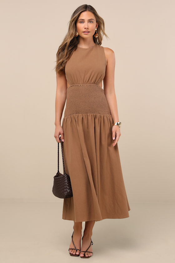 Light Brown Midi Dress - Backless Sundress - Drop Waist Dress - Lulus