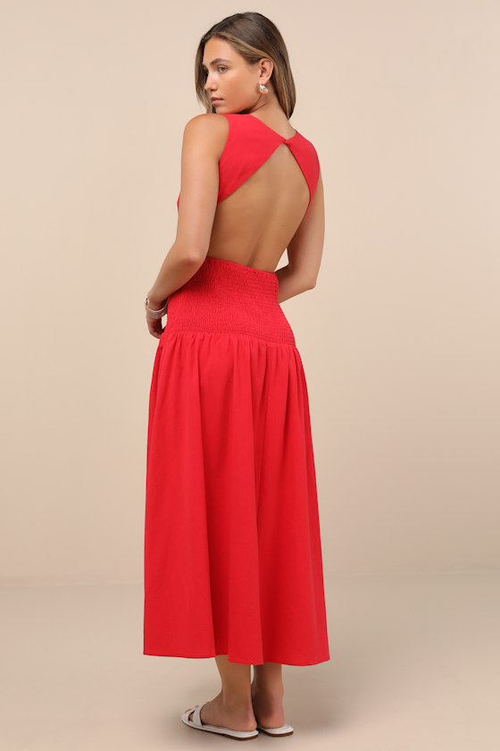 Red Midi Dress - Red Backless Sundress - Drop Waist Midi Dress - Lulus