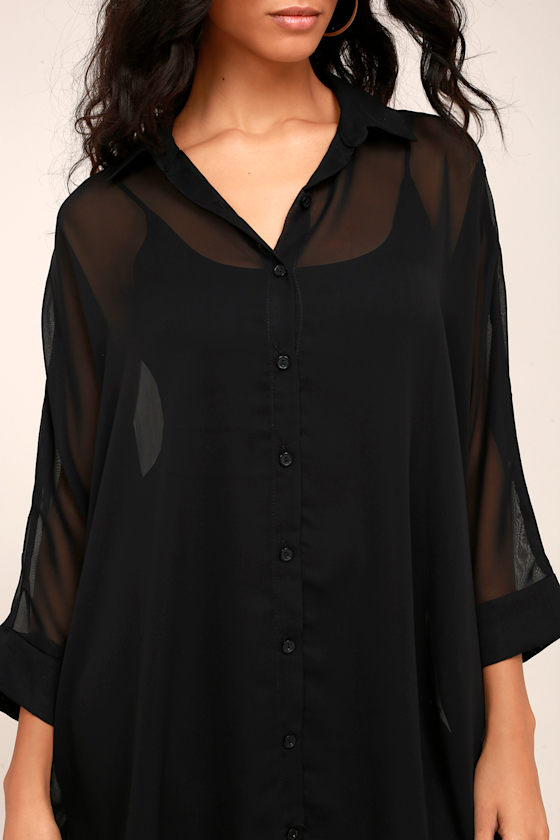 Cute Sheer Shirt Dress - Black Shirt Dress