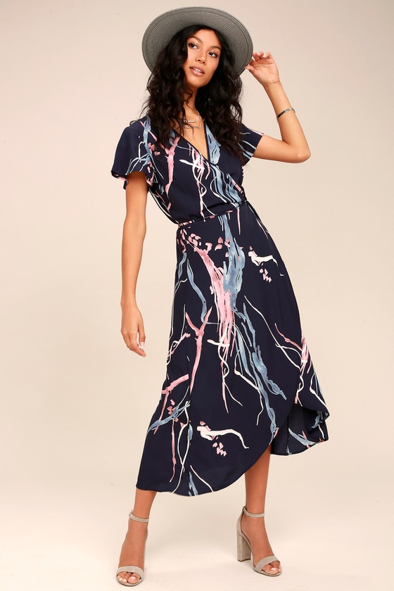 Lovely Navy Blue Print Dress Wrap Dress High Low Dress Lulus