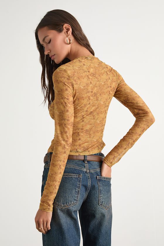 Yellow Abstract Mesh Top - Sheer Mesh Top - Long Sleeve Mesh Top - Lulus