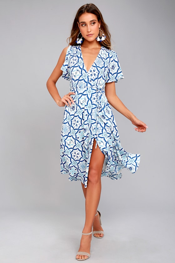 Boho Blue Print Dress - Midi Dress - Wrap Dress - Lulus