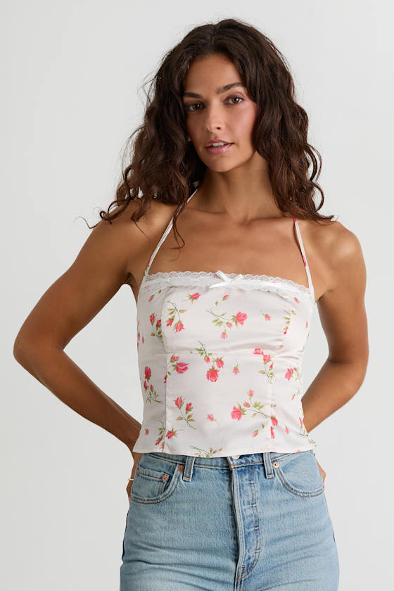 White Floral Top - Halter Cami Top - Satin Floral Top - Cami Top - Lulus