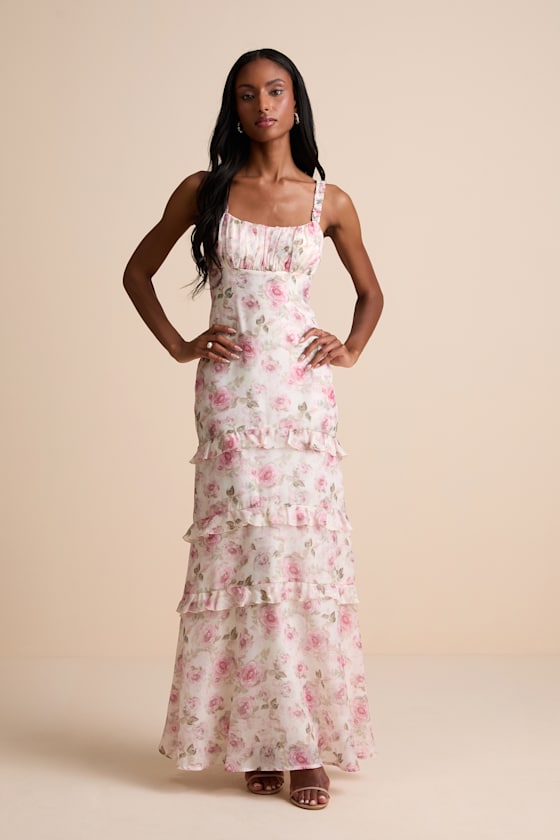 Cream Floral Dress - Empire Waist Maxi Dress - Ruffled Maxi Dress - Lulus