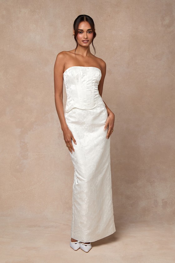 White Satin Jacquard Dress - Two-Piece Dress - Bustier Maxi Dress - Lulus