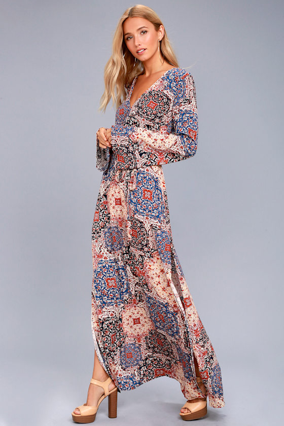 Boho Maxi Dress - Print Long Sleeve Dress - Belted Dress - Lulus