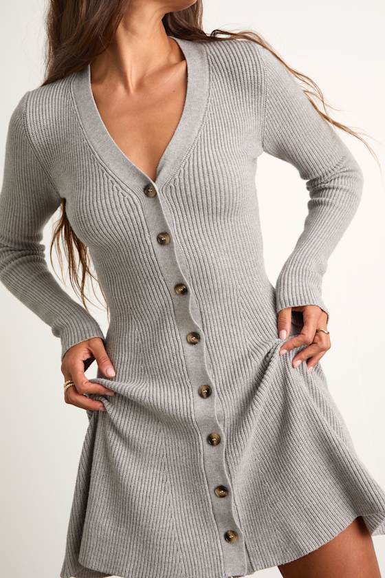Heather Grey Button-Front Dress - Sweater Mini Dress - Knit Dress - Lulus