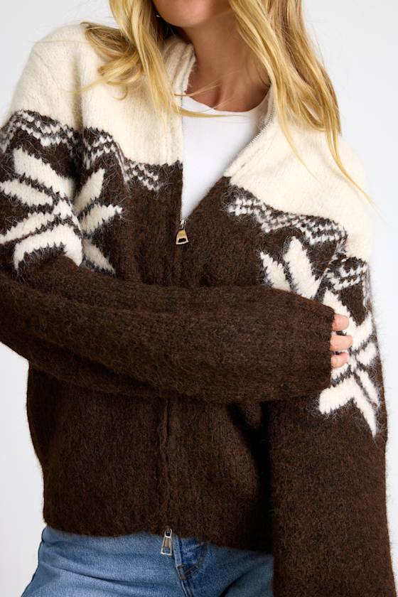 The Korner Ski Cardigan - Brown & Ivory Sweater - Fair Isle Cardi - Lulus
