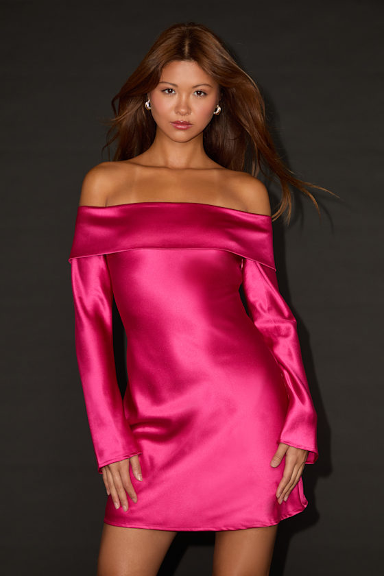 Berry Pink Mini Dress - Satin Mini Dress - Fold-Over OTS Dress - Lulus