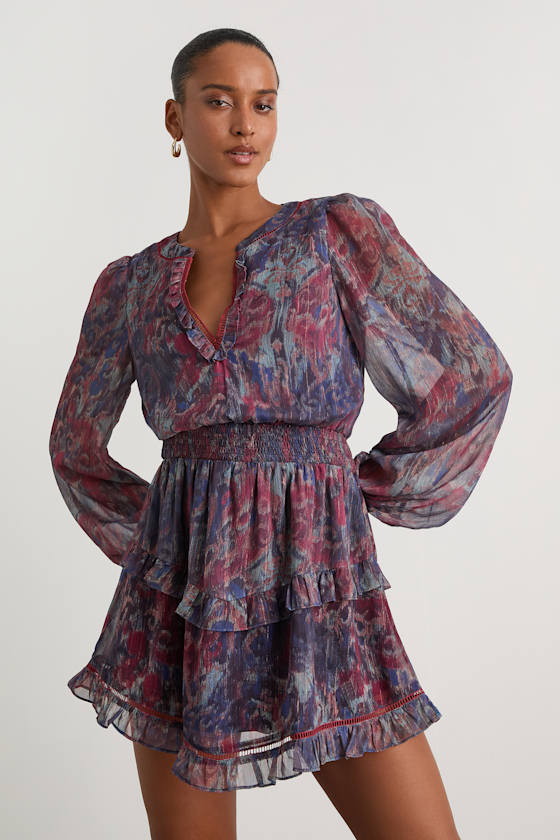 Blue Multi Mini Dress - Boho Print Mini Dress - Long Sleeve Dress - Lulus