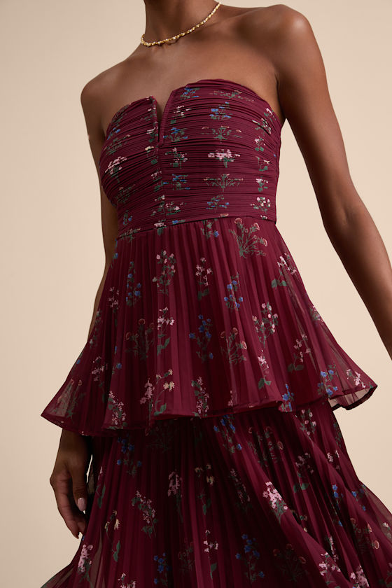 Red Floral Dress - Strapless Pleated Dress - Tiered Midi Dress - Lulus